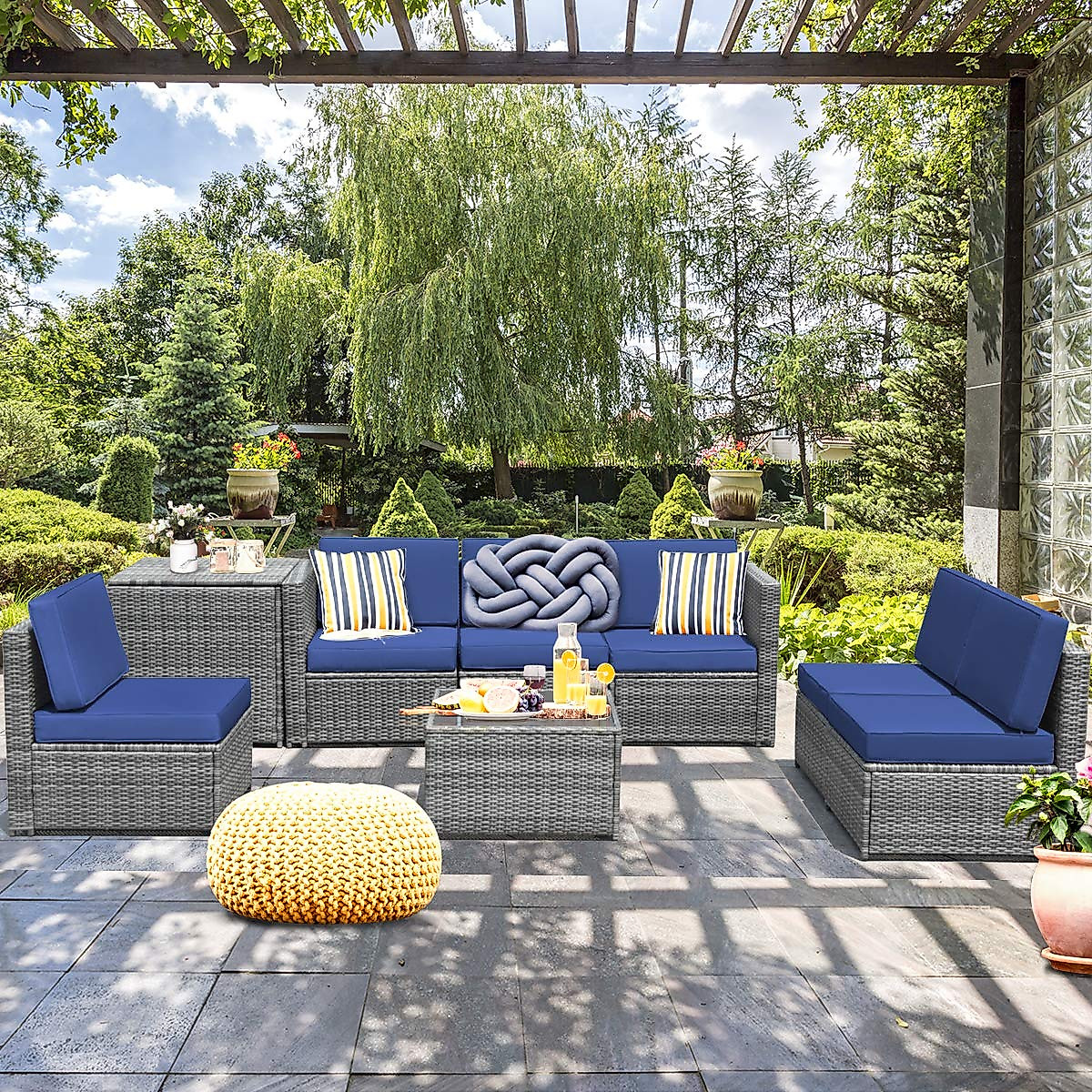 Tangkula 8 PCS Outdoor Patio Furniture Set, Rattan Wicker Sofa Set, Sectional Sofa Couch Conversation Set w/Storage Table and 12 Zippered Cushions for Garden Backyard Poolside (Navy)