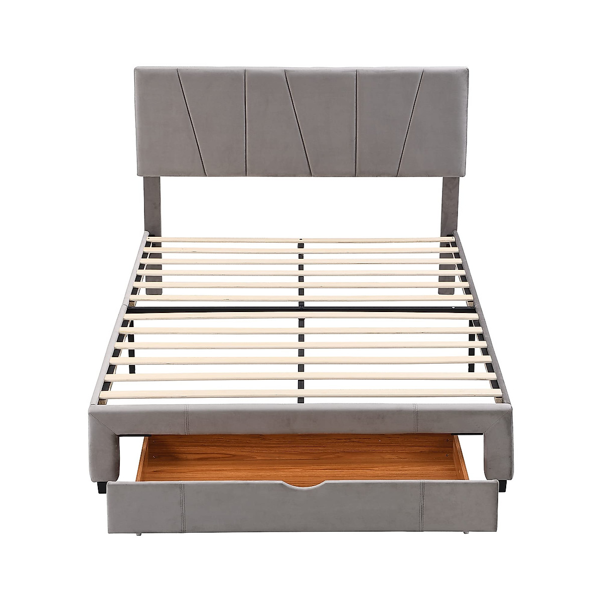 DHPM Queen Size Upholstered Platform Bed with 1 Large Drawer, Wood Bed Frame with Wing Back Headboard, Solid Wood Slats Supported, No Box Spring Needed