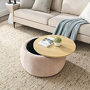 Kakotito Modern Round Storage Ottoman with Wooden Lid,Circle Ottoman Handmade Ottoman Coffee Table,End Table & Footstool for Living Room (Pink)