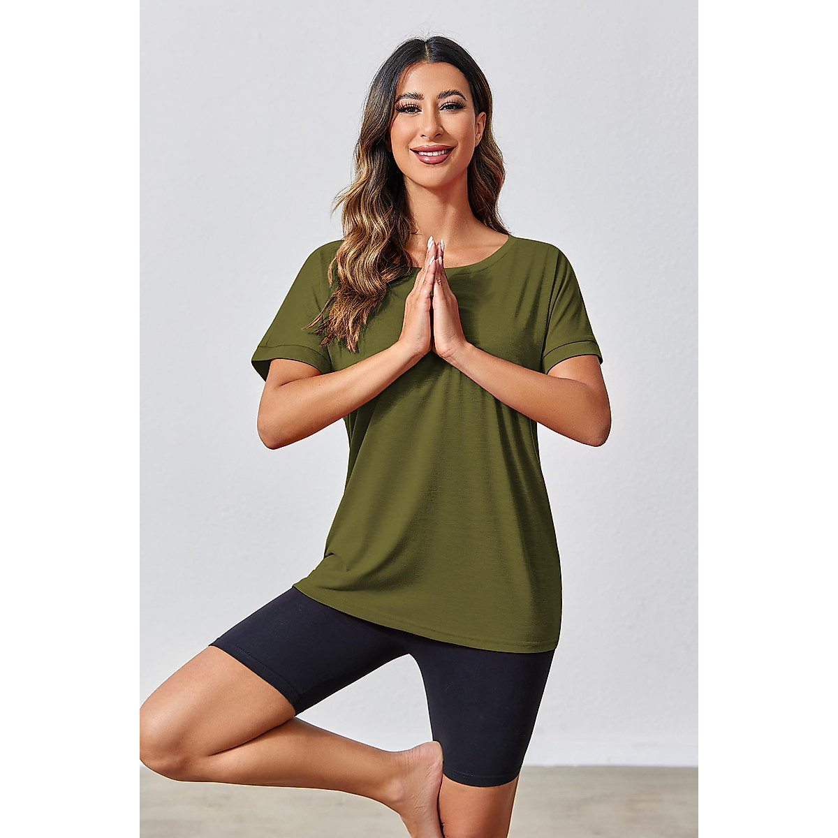 MIRACMODA Women's Open Back Athlete Loose Fitting Workout Casual Yoga T-Shirt Summer Gym Tee Army Green