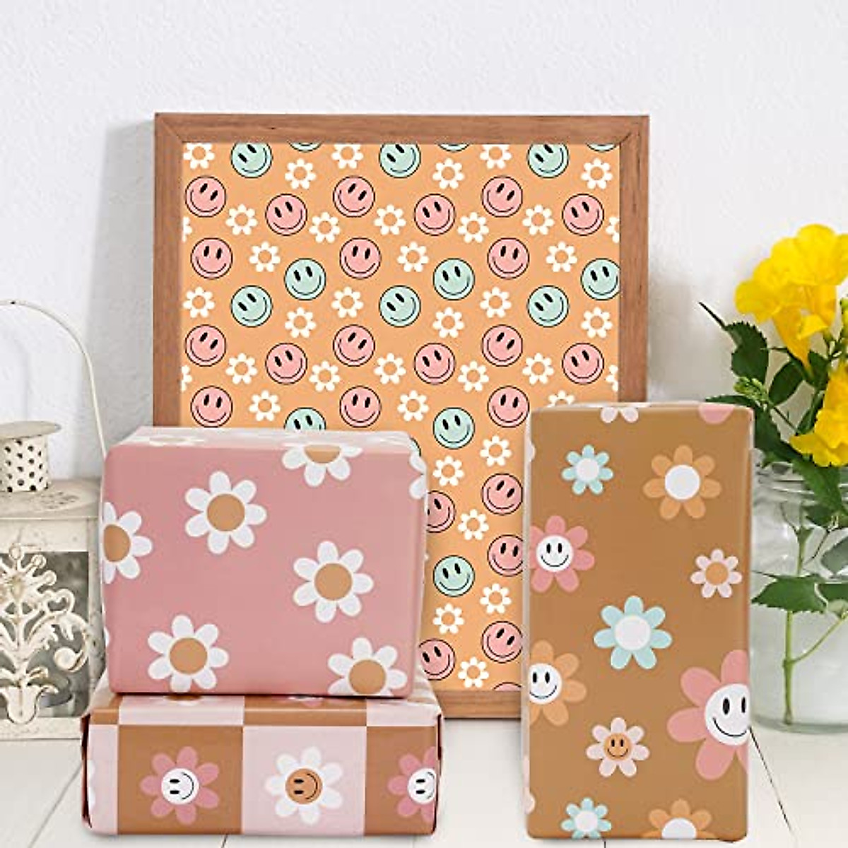 Whaline 12 Sheet Retro Boho Wrapping Paper Folded Flat Boho Floral Gift Wrap Art Paper for Birthday Wedding Baby Shower DIY Crafts Gift Packing Supplies, 19.7 x 27.6 Inch, 6 Design
