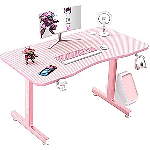 Vitesse Pink 40 Inch Cute Kawaii Computer Gaming Table T Shaped Girl Gamer Workstation Home Office Desk with Carbon Fiber Surface and Headphone Hook