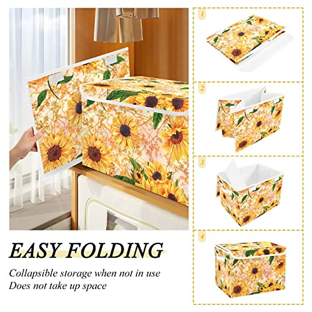 TSENQUE Autumn Sunflower Foldable Storage Bins with Lids Collapsible Storage Cube Bin for Home Bedroom Closet Office Nursery 16.5" L x 12.6" W x 11.8" H