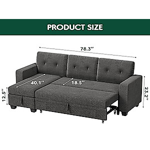 YESHOMY Sofa Bed, Reversible Convertible Sleeper Pull Out Couches with Storage Chaise, Linen Fabric Furniture for Living Room, Dark Gray