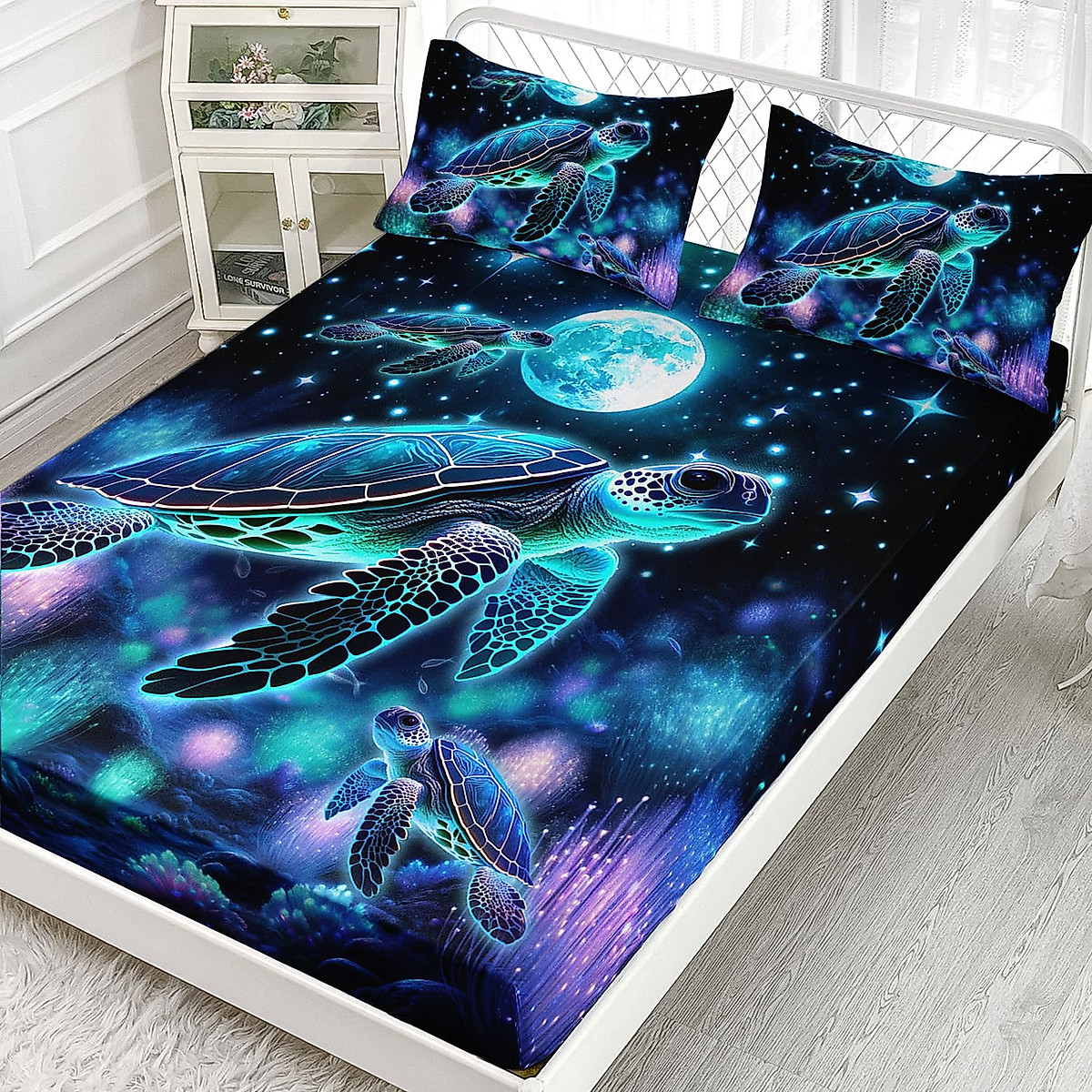 AILONEN Sea Turtle Fitted Sheet Set Twin XL Size, Ocean Bed Sheet Set Coral Jellyfish 3 Pieces Printed Sheet Set for Boys Girls,Evening Starry Moon Turtle Fitted Sheet with 2 Pillowcases