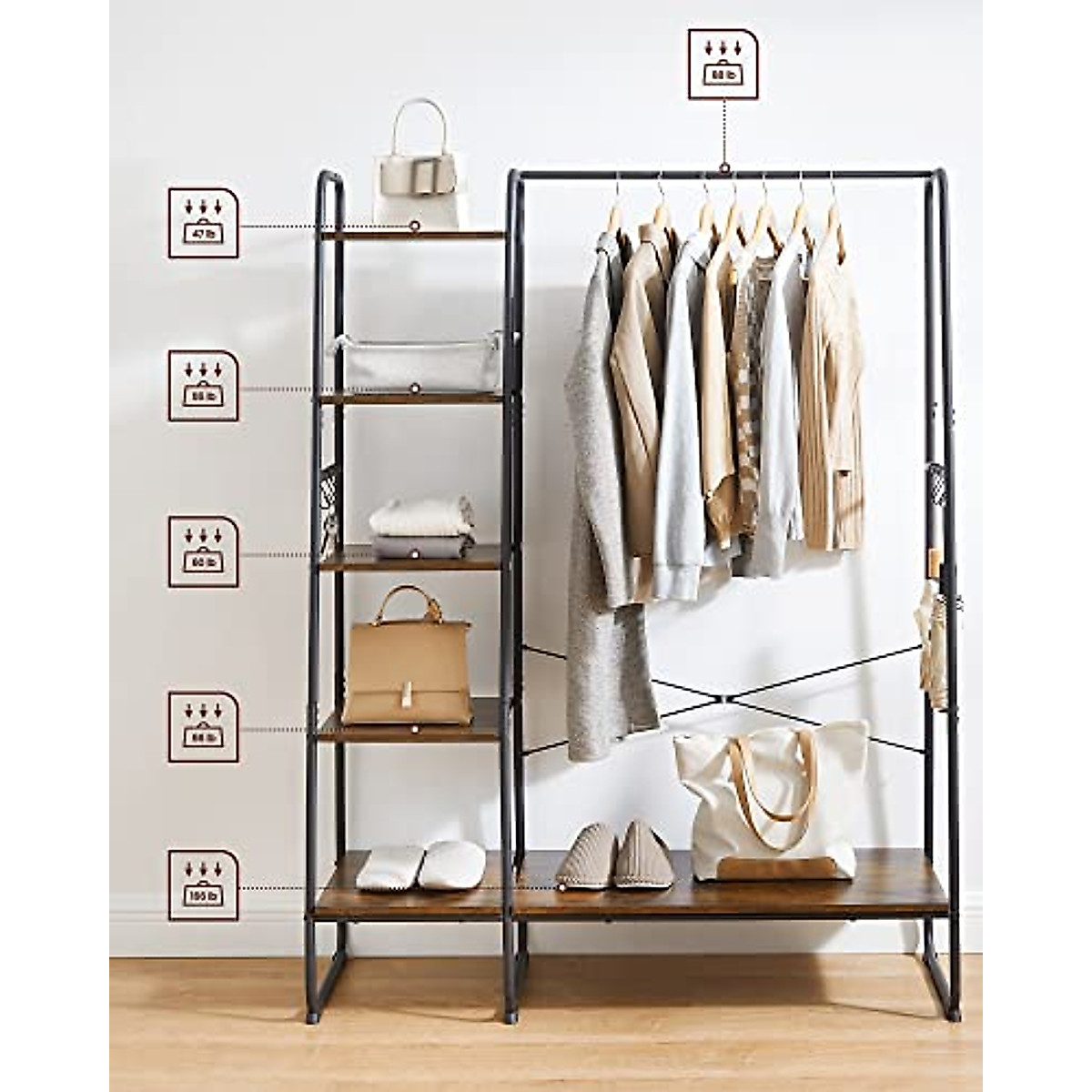 VASAGLE Clothes Rack, Clothing Rack with Shoe Shelf, 5-Tier Storage Rack, 6 Side Hooks, for Bedroom, Living Room, Rustic Brown and Black URGR116B01