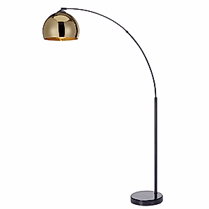 Teamson Home Arquer 66.93" Arc Floor Lamp for Living Rooms, Home Offices, Dining Rooms, Bedrooms with Faux Black Marble Base and Gold Bell Shade