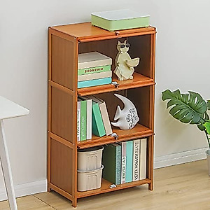 MoNiBloom 3 Tier Book Cabinet with Acrylic Doors, Bamboo Display Shelf Organizer Stand for Children's Student, Hallway, Home, Office, Brown