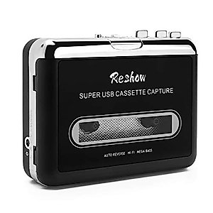 Reshow Cassette Player – Portable Tape Player Captures MP3 Audio Music via USB – Compatible with Laptops and Personal Computers – Convert Walkman Tape Cassettes to iPod Format (Black)