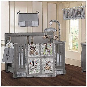 BabyFad Jungle Grey with Elephant, Giraffe, Zebra and Turtle with Musical Mobile Nursery for Boys and Girls, 9 Piece Baby Crib Bedding Set 100% Cotton