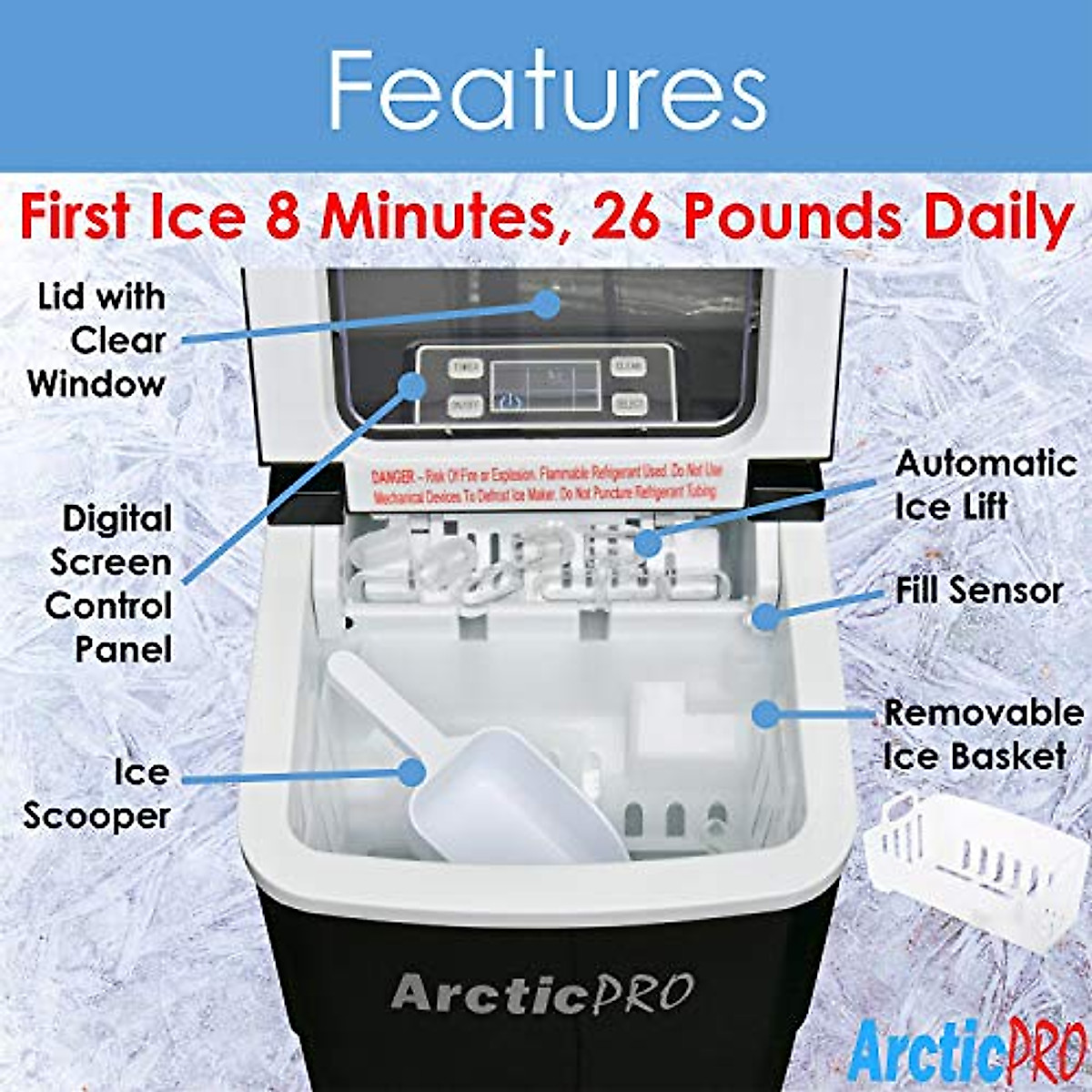 PORTABLE DIGITAL ICE MAKER MACHINE by Arctic-Pro with Ice Scoop, First Ice in 6-8 Minutes, 26 Pounds Daily, Great for Kitchens, Tailgating, Bars, Party, Small/Large Cubes, Black, 11.5x8.7x12.5 Inches