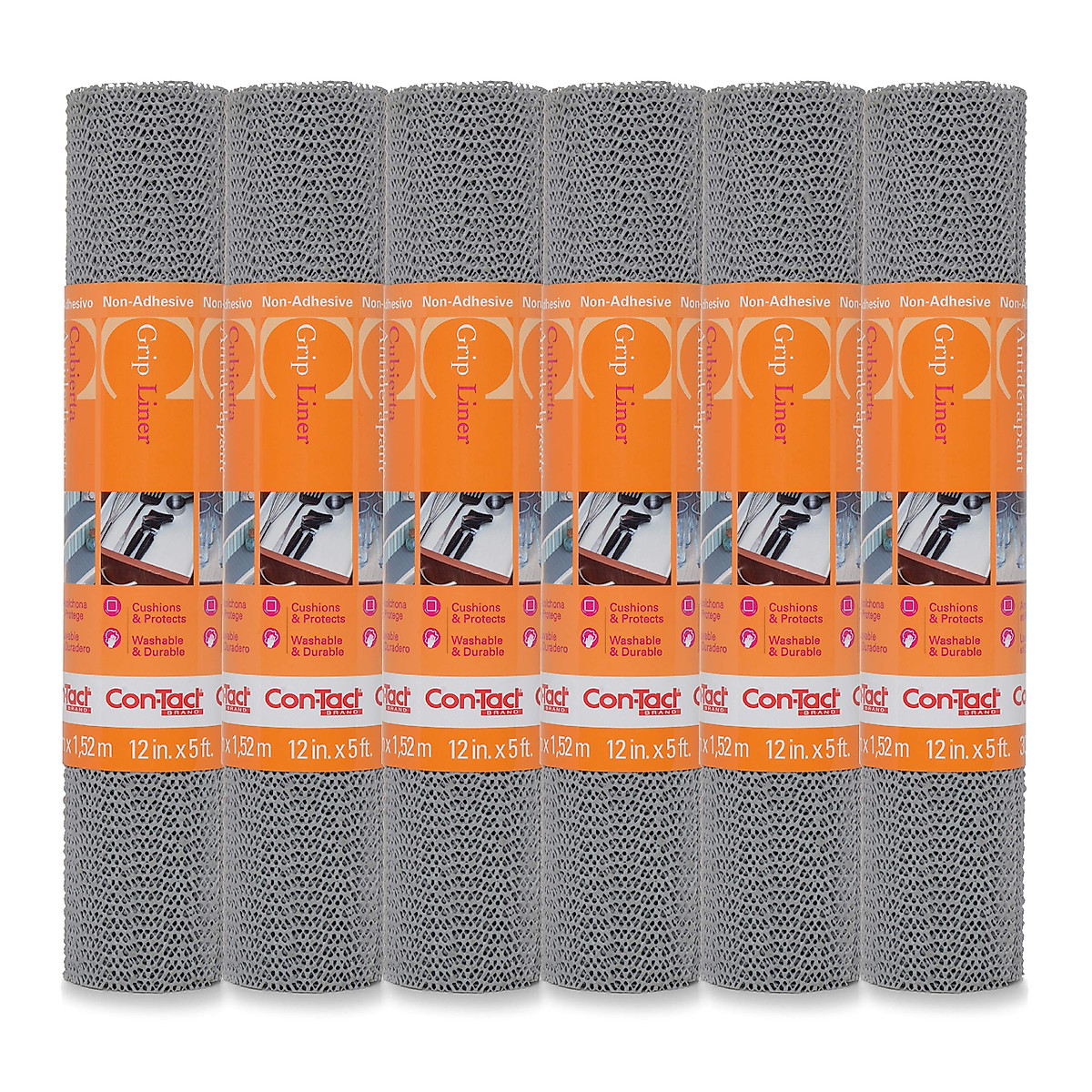 Con-Tact Brand Grip Classic Non-Adhesive Shelf, Cabinet and Drawer Liner, 12" x 5', Alloy, 6 Rolls