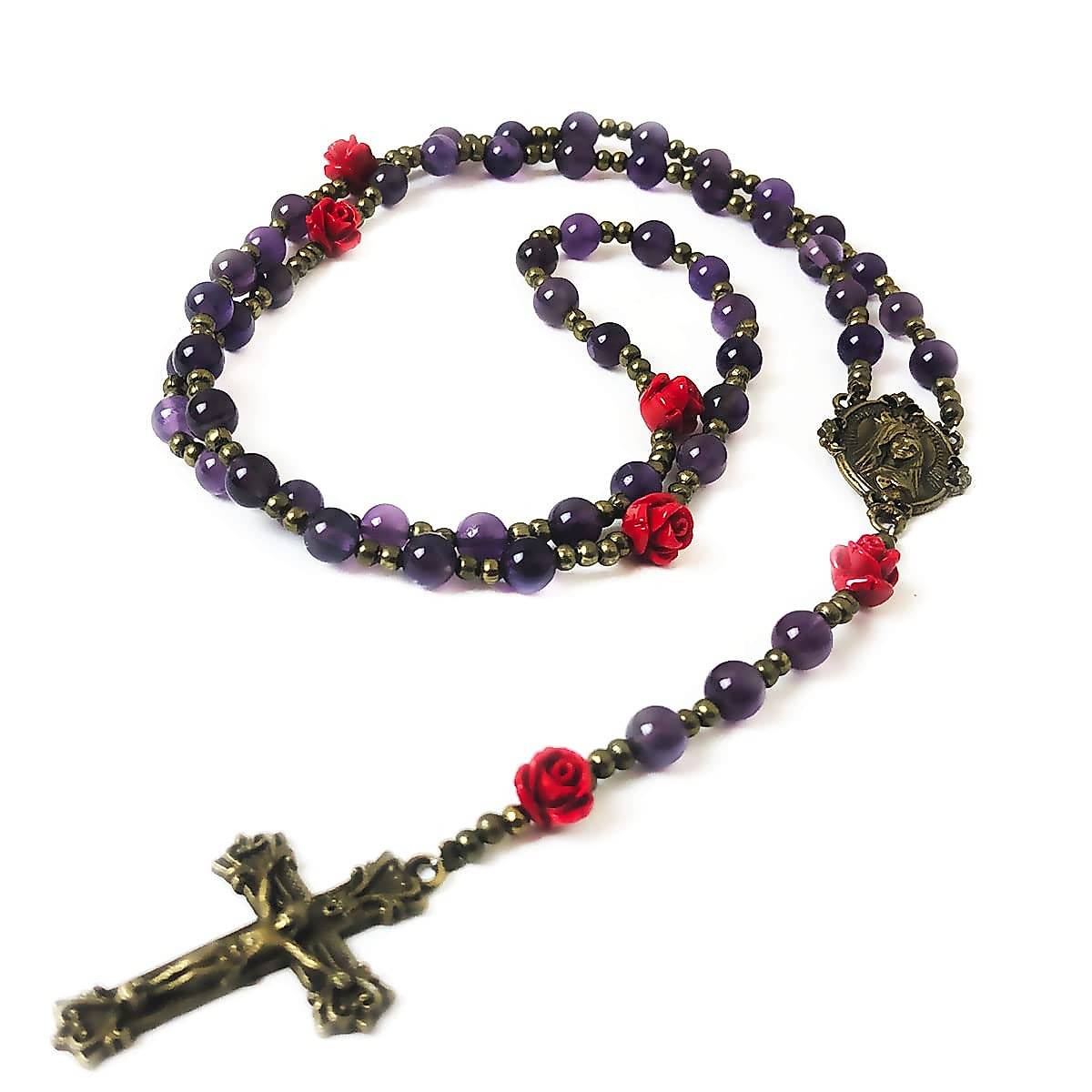 Immaculate Heart of Mary Purple Amethyst Stone and Red Rose Rosary and Bracelet Set - Catholic Rosary - Rosarios Catolicos - Catholic Gifts Women - Regalos Catolicos Para Mujer, Stone, Amethyst
