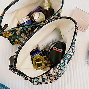 HAPPYHEIDI Women Aesthetic Travel Makeup Bag Accessory Zipper Pouch for Cosmetics, Purse Organizer, Embroidery Lucky Flowers Black