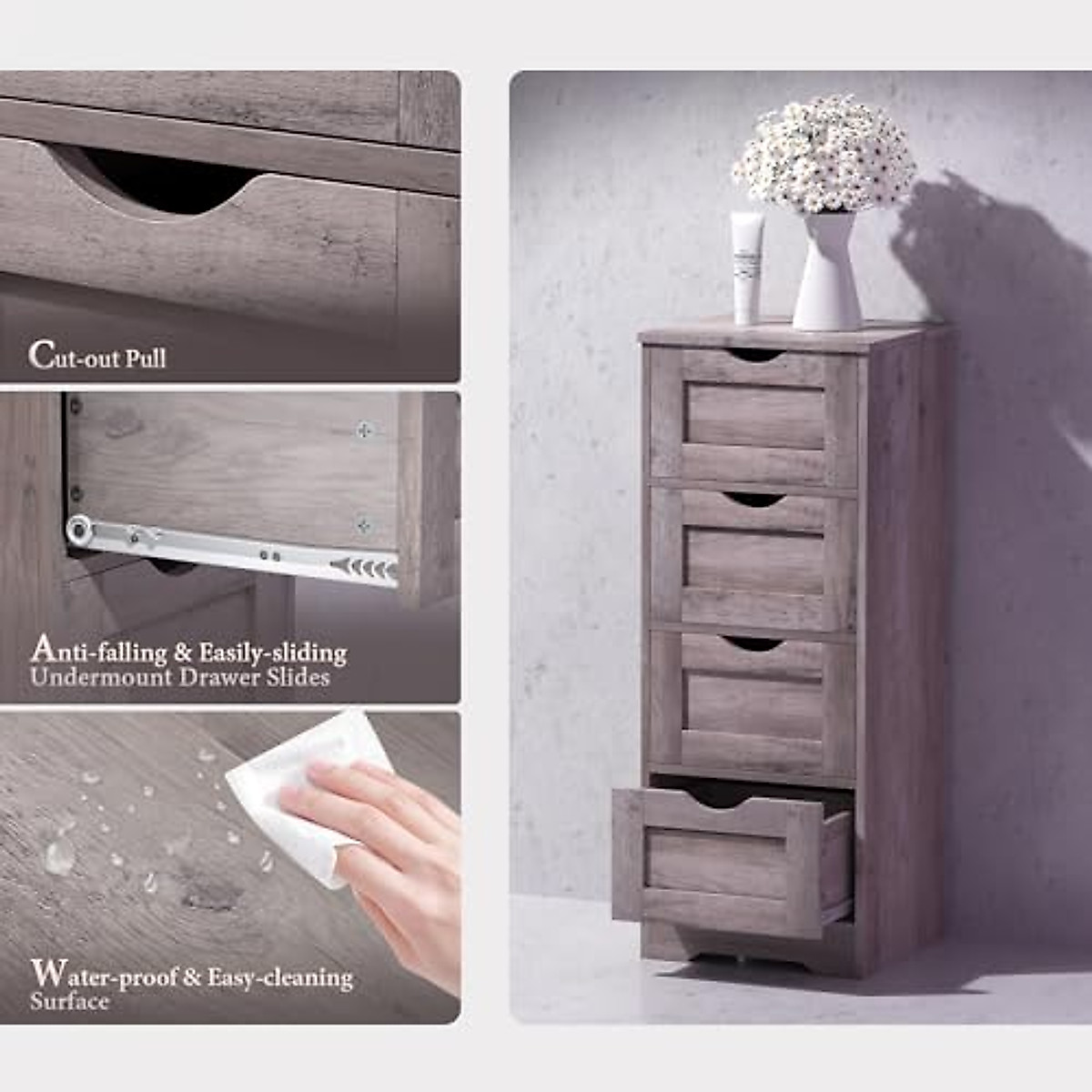 Gecheer Free-Standing Cabinet Wooden Floor Storage Organizer Tall Storage for Bathroom, Living Room with 4 Drawers and 1 Adjustable Shelf