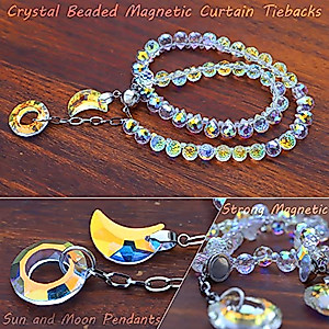 PEDOBO Magnetic Curtain Tiebacks, 2 Pack Crystal Beaded Sun & Moon Pendants Curtain Sheer/Drapery Holdbacks, Beaded Curtain Ties for Window Home Decor (Crystal AB)