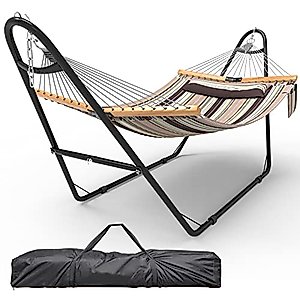 Double Hammock with Stand Included, Heavy-Duty 2 Person Hammock 550Lbs Capacity, Hammock Chair with Stand, Detachable Pillow and Cup Holder, Perfect for Indoor/Outdoor Patio, Deck, Yard(Brown)