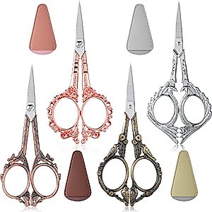 4 Pairs 4.72 Inch Sewing Embroidery Scissors with 4 Pcs Artificial Leather Cover Stainless Steel Flower Pattern Stork Vintage European Style Crochet Small Sewing Scissors DIY Tool Art Work