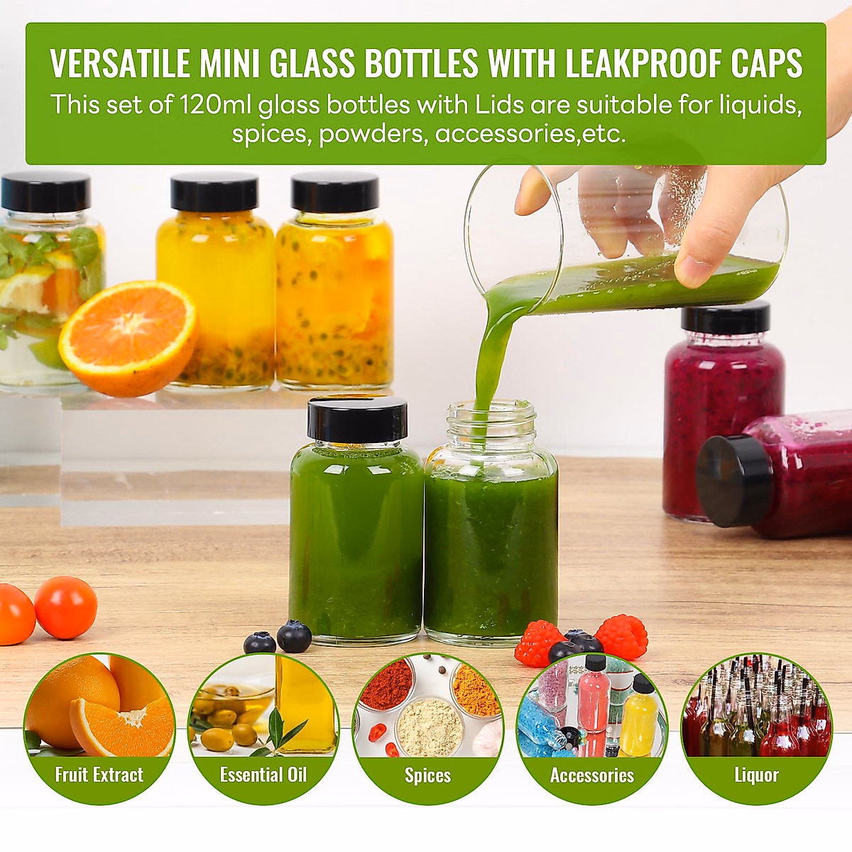 4oz Ginger Shots Bottles 16Pack- Portable Leakproof 4 oz Glass Jars with Lids- Glass Juice Shot Bottles with Caps for Wellness Shot(4 fl. oz, Set of 16)