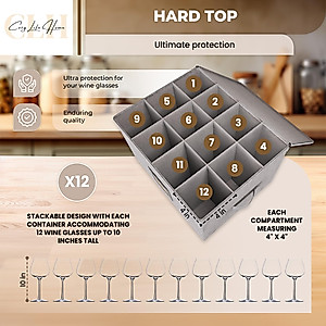CLH Wine Glass Storage and 12 Foam Pouches, China Storage Containers, Hard Case with Dividers, Moving boxes for Glasses Kitchen storage, Stemware Storage Containers, Stackable