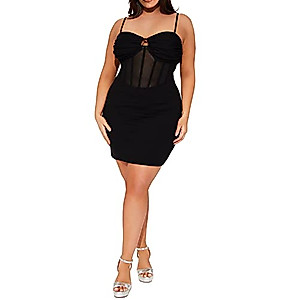 Uni Clau Women Sexy Halter V Neck Mesh Mini Dress Bodycon Spaghetti Straps See Through Patchwork Dress Party Club Night Out Mini Dress Black XL