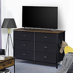 DOVAMY 6 Drawer Dresser for Bedroom, Fabric Dresser Organizer, Wide Dresser with Vintage Wooden Top, Steel Frame, Chest of Drawers, Closet, Nursery and Living Room, Black