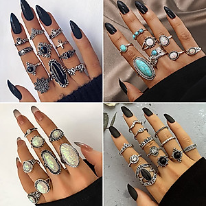 KISS WIFE Cool Rings Set for Women, Vintage Silver Punk Rings Bulk, Gothic Chunky Knuckle Emo Stackable Finger Ring Pack (Boho-2)