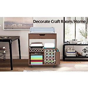Storage Cart Organizer Compatible with Cricut Machines,Rolling Craft Cart with Extra 12 Vinyl Roll Holders,Crafting Organizer Desk Cabinet Workstation for Craft Room Home