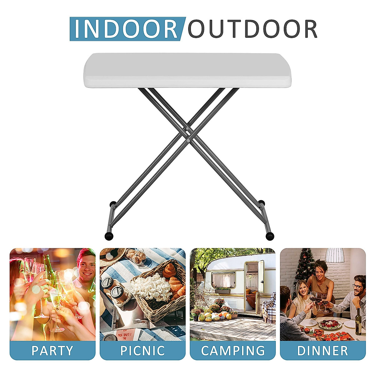 SUPER DEAL 2.5 Foot Plastic Folding Table, Indoor Outdoor Portable Heavy Duty Adjustable Height Kitchen or Camping Barbecues Picnic Party Table, White