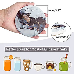 Coasters with Holder, Absorbent Coasters by DSNDVES, Set of 6 Ceramic Coasters, Marble Style Drink Coasters with Cork Base, Bar Coasters, Round Stone Coasters for Table Protection Black