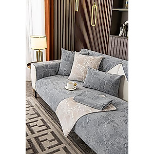 Huierxun Luxury Solid Color Chenille Sofa Cover Marble Pattern Soft Sofa Slipcover Non-Slip Sectional Couch Covers Anti Cat Scratch Armrest Backrest Recliner Cover (Grey,36''x36'')