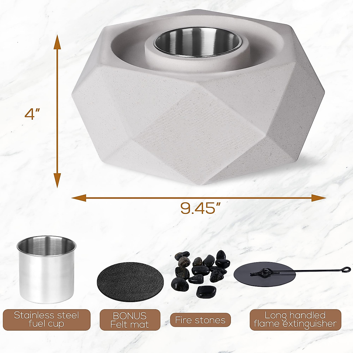 Tabletop Fire Bowl - Extra Large Concrete Table Top Fire Pit Indoor Outdoor Portable Fireplace Geometric Centrepiece, Gray, 9.45 inches