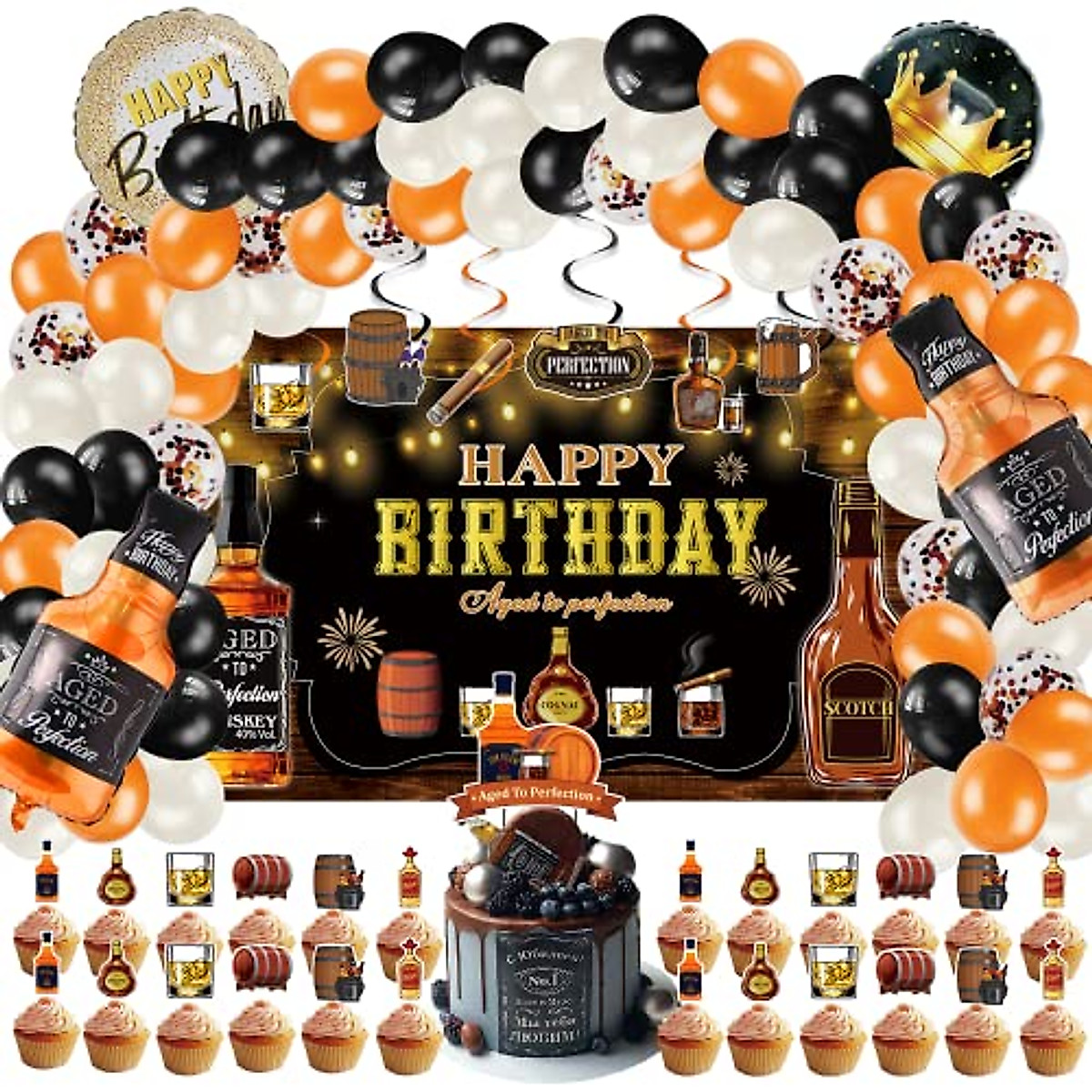 Whiskey Birthday Party Decorations for Men, 110 Pcs Aged to Perfection Party Supplies Balloons Garland Arch Kit for Mens 30th 40th 50th - Backdrop, Cake, and Cupcake Toppers, Latex Balloon, Foil Balloon, Hanging Swirls