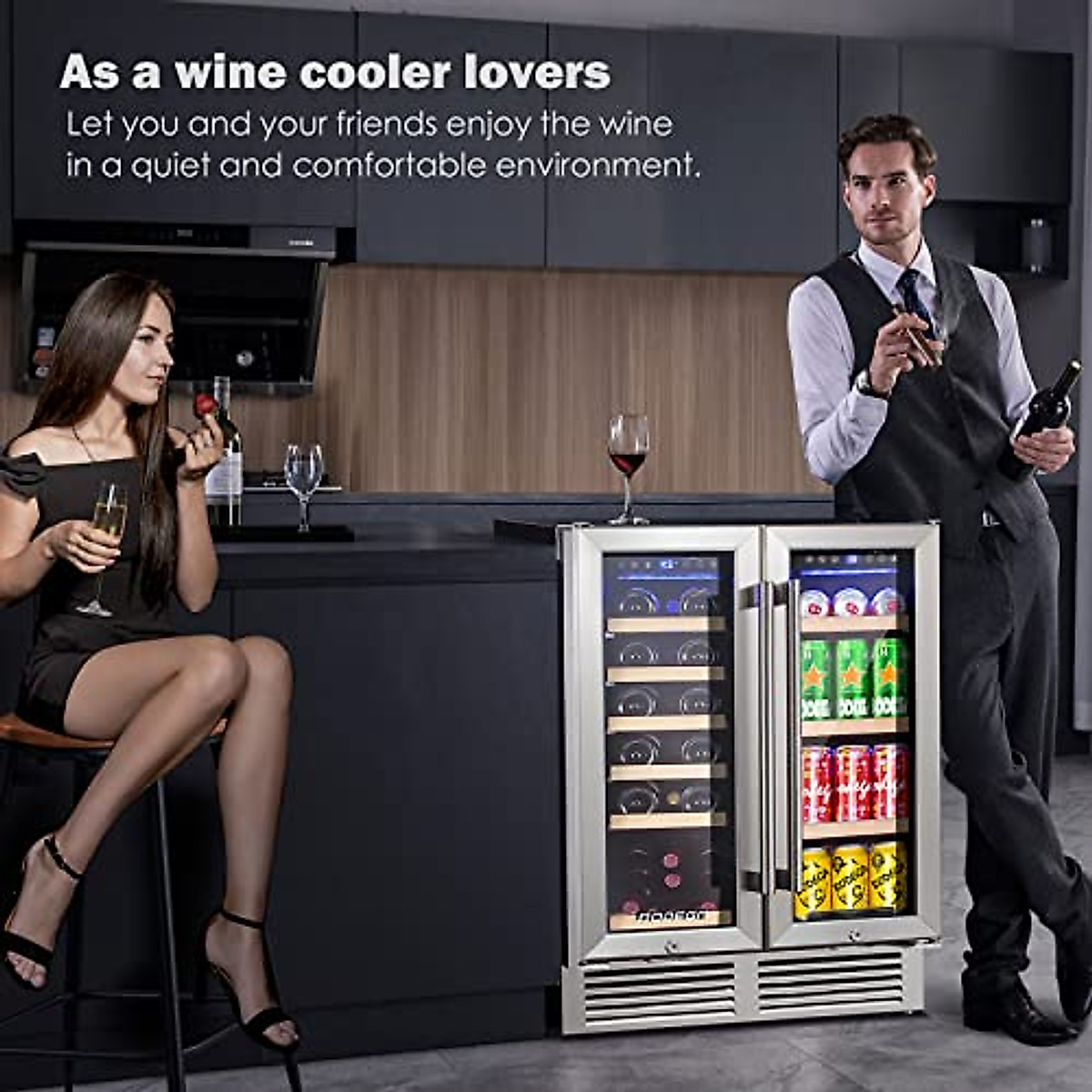 BODEGA Wine and Beverage Refrigerator, 24 Inch Dual Zone Wine Cooler, with Smart APP Control and 2 Safety Locks,Soft LED Light Hold 19 Bottles and 57 Cans, Built-In or Freestanding