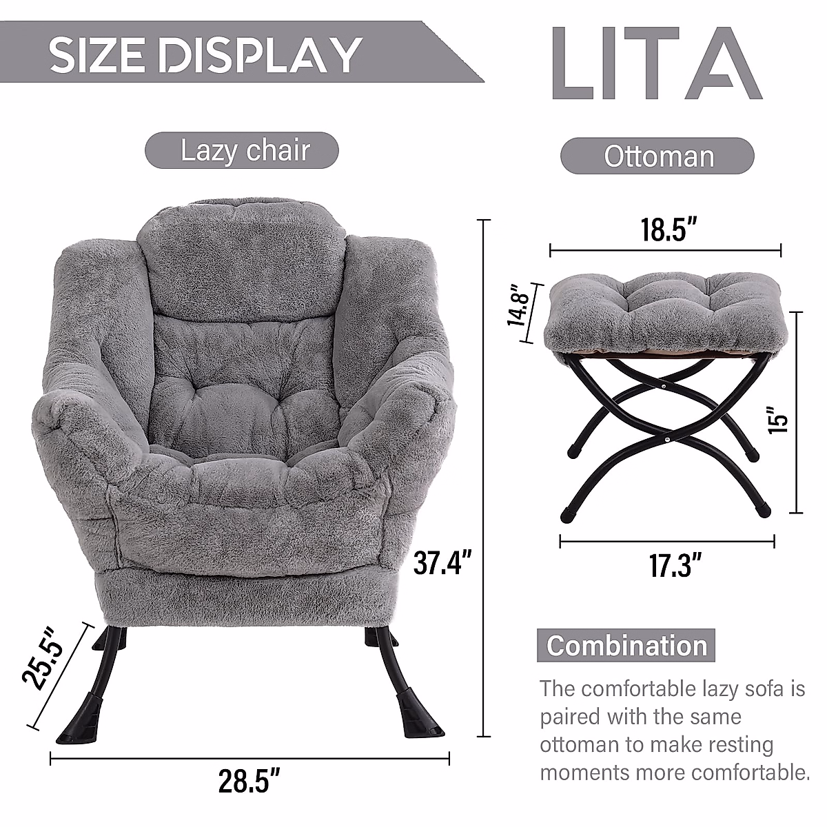 LITA Lazy Chair with Ottoman, Modern Accent Leisure Upholstered Sofa Chair, Contemporary Lounge Reading Chair with Armrests and a Side Pocket for Living Room, Bedroom & Small Space, Plush Grey