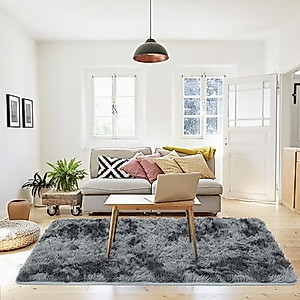NK DECORATION Fluffy Rugs Clearance Living Room Rugs Bedroom Rugs,Non-Slip Area Rug Shaggy Tie-dye Rugs for Living Room Modern Indoor Home Floor Black Grey 5x8ft(150x240CM)