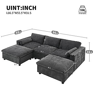 Merax 86.5" Sectional Sofa with Storage Pockets & Removable Ottomans, 5 Seat U Shaped Sleeper Cloud Couch Set, Convertible L-Shaped Chenille Upholstered SofaBed for Living Room and Apartment, Black