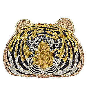 nice buy Lady Dazzle Full Diamond Clutch Tiger Head Evening Bag Bling Rhinestone Chain Cross Body Bag Animal Purse (Gold 1), Medium