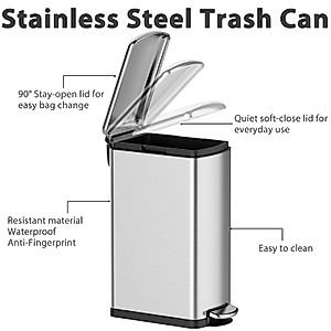 WELYFE 8 Gallon & 1.6 Gallon Trash Can Combo Set, Stainless Steel Step Tread Trash Can, Soft Close Lid, for Office, Kitchen - Silver