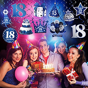 30 Pieces Happy 18th Birthday Party Hanging Swirls Decorations, Navy Blue Silver Black 18th Birthday Foil Swirls Ceiling Decor for Boy Men Cheers to 18 Years Birthday Anniversary Decorations Supplies