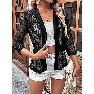 SweatyRocks Women's 3/4 Sleeve Floral Lace Open Front Collared Blazer Jacket Black XL