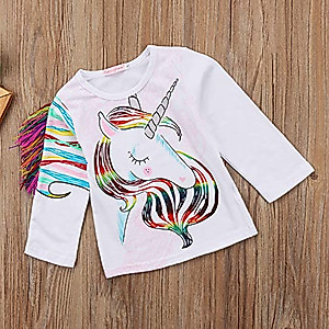 Newfancy Toddler Kid Baby Girls Tassel Fringe Unicorn Tee Long Sleeve Tops T- Shirt White , White ,4T-5T