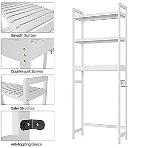 Bamboo Over-The-Toilet Storage Rack, 3-Tier Bathroom Organizer Over Toilet with 6 Hooks, Bathroom Freestanding Shelf for Home, Kitchen, 24.4” L X 10.24” W X 64.17” H, White