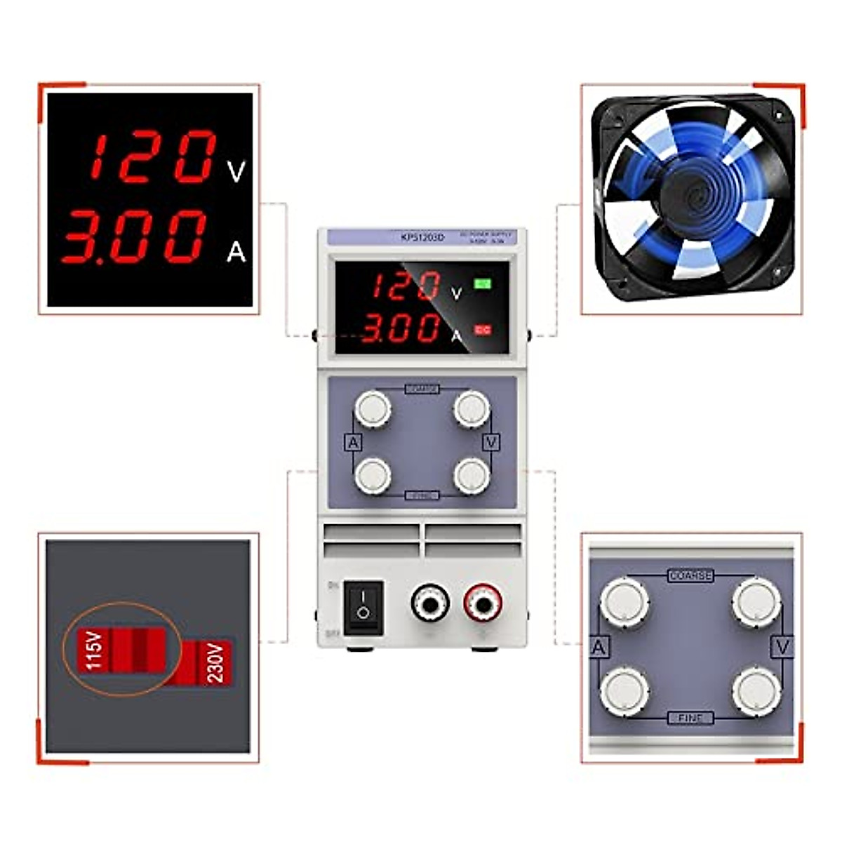DC Power Supply, Adjustable DC Power Supply 120V 3A LED Digital Lab Bench Power Source Stabilized Power Supply Voltage Regulator Switch,Electroplating DIY