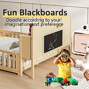 Mirightone Full House Bed with Storage Headboards and Blackboards,Versatile Full Size Platform Beds with Guard Rails,Solid Wood Floor Bed Frame for Kids,Natural