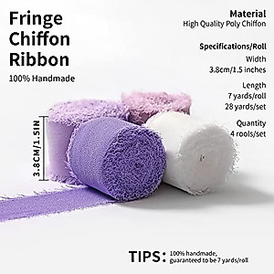 Serwalin 4 Rolls Chiffon Silk Ribbon 1.5" x 7Yd Gauze Frayed Edges Purple Handmade Fringe Ribbons Set for Wedding Invitations, Bridal Bouquets, Gifts Wrapping, DIY Crafts (4 Rolls 28 Yards)