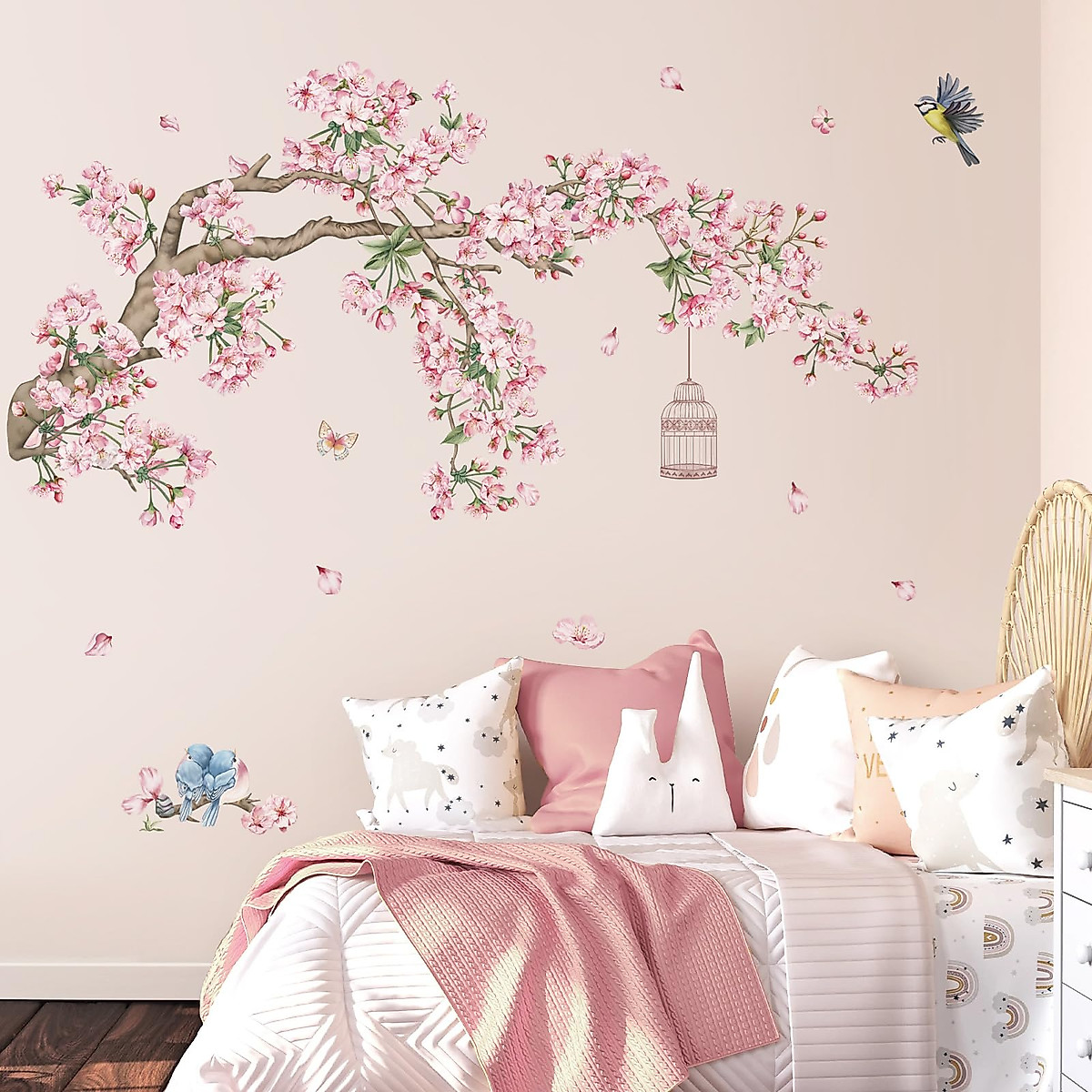 decalmile Cherry Blossom Tree Branch Wall Decals Pink Flower Birds Wall Stickers Bedroom Living Room Sofa TV Background Wall Decor