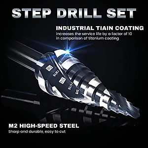 BLEKOO Step Drill Bits, Total 27 Sizes, Double Spiral Fluted 7/8" to 1-3/8" 2 PCS Set for Stainless Steel, Wood, Plastic, M2 HSS, 3/8 Triangle Shank