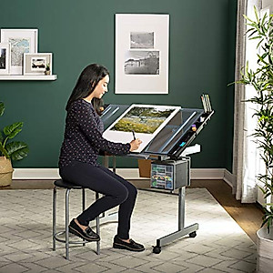 SD Studio Designs Studio Designs 2 Piece Vision Modern Metal Hobby, Craft, Drawing, Drafting Table, Mobile Desk with 40.75" W x 25.75" D Angle Adjustable Top in Silver/Blue Glass