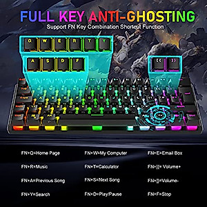 Compact 60% Mechanical Gaming Keyboard with Ergonomic Anti-ghosting Mini 61 Key Layout Rainbow RGB Backlight Waterproof Metal Plate Type-C USB Wired for PC Mac Gamer Office Typist (Black/Blue Switch)